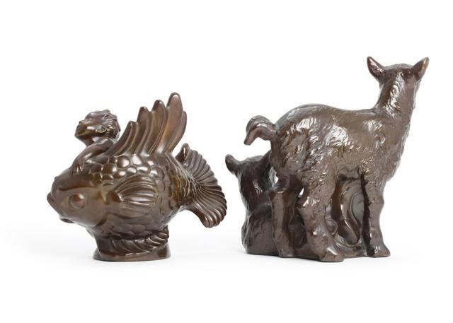 Two disko metal figure groups in the shape of kids and child and fish ...