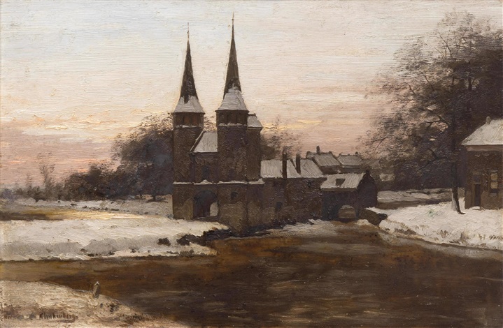 A snow-covered view of the Oostpoort in Delft by Johannes Christiaan ...