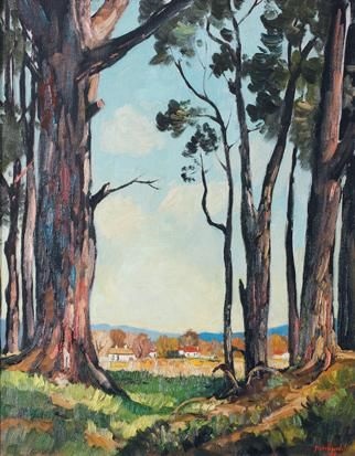 Distant farm buildings from a forest clearing by Piet (Pieter Gerhardus ...