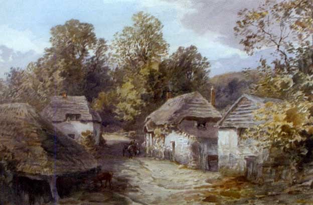 A Devon village with a horse and cart and cattle in a landscape by ...