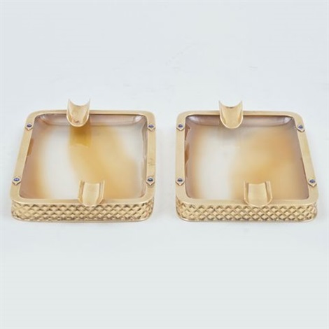 Fine Pair of Cartier 14k Gold-Mounted, Sapphire and Agate Vide Poche by ...