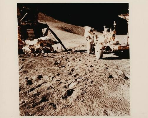 Portrait of James Irwin with the Lunar Rover at Hadley Base by NASA and ...