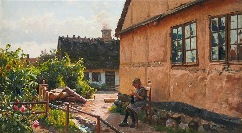 Stickande flicka utanför ett hus på en solig dag by Peder Mørk Mønsted ...