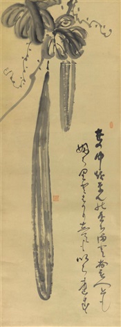 Sponge Gourds on the Vine and Calligraphy, Edo period 1615-1868, 18th ...