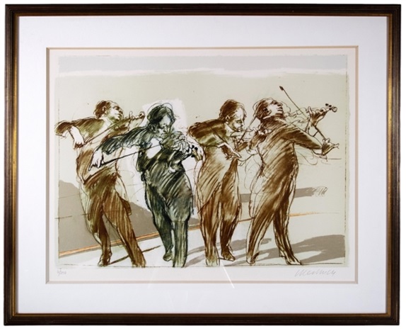 A pair of lithographs of violin players, numbered editions out of 250 ...