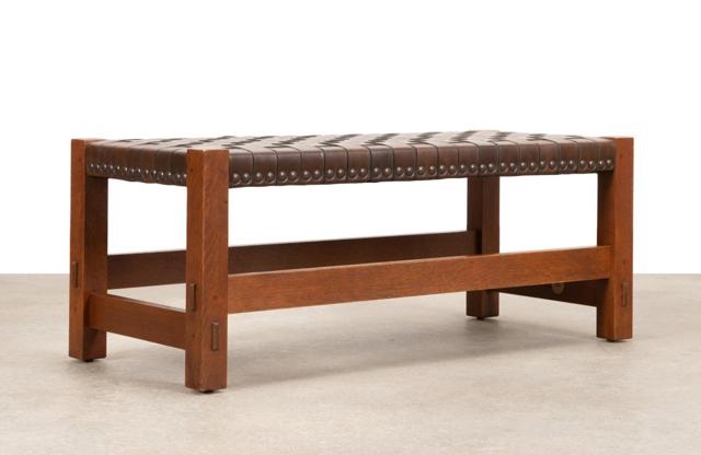 STICKLEY COLLECTOR EDITION GUS LEATHER BENCH by L. & J.G. Stickley (Co ...