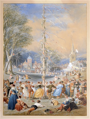 Mayday in Medieval times, figures in 17th century costume dancing ...