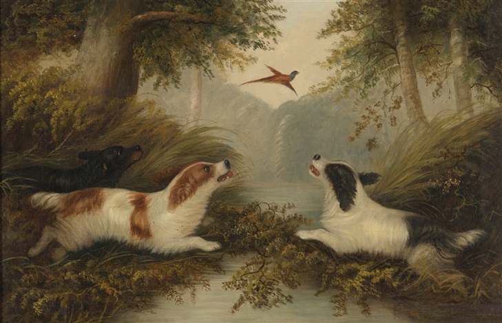 Three Spaniels Chasing a Pheasant by British School (19) on artnet