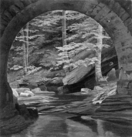 Forest scene with creek flowing under bridge by Edward Bruce on artnet