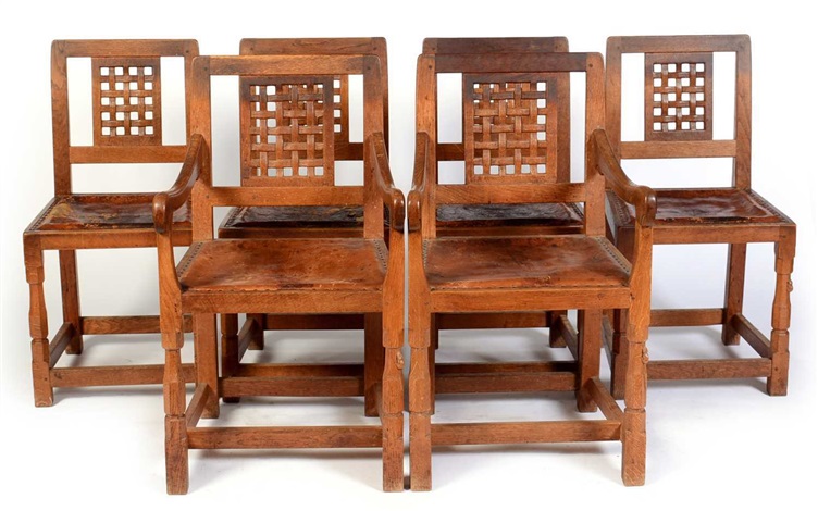 A set of six early 20th Century Robert Mouseman Thompson oak dining ...