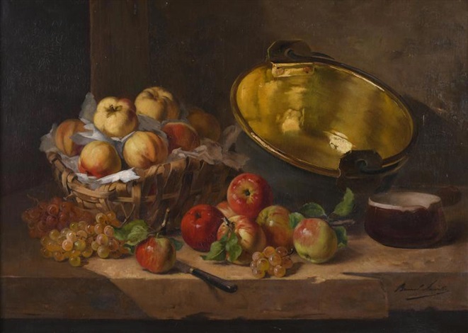 STILL LIFE WITH APPLES AND GRAPES by Alfred Arthur Brunel de Neuville ...