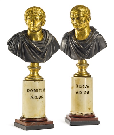 A pair of Italian Neoclassical gilt and patinated bronze busts of ...