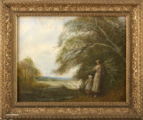 Mother and child watching a swan at the rivers edge by Frederick Hines ...