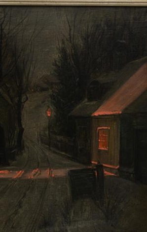 Winters Night with Cabins by Svend Rasmussen Svendsen on artnet