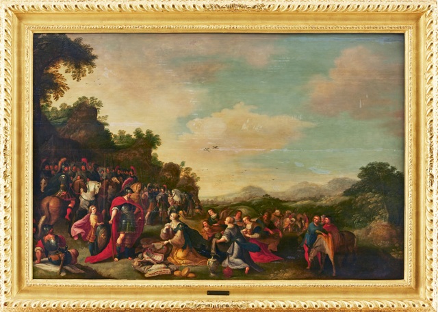 The meeting of David and Abigail, who kneels before him and brings him ...