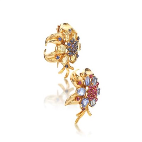 Two sapphire, yellow sapphire and ruby brooches, Passe-Partout by Van ...