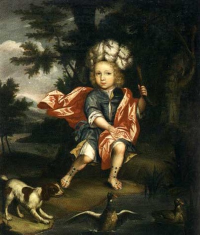 Portrait of a Sir Thomas Pope-Blount Baronet with a spaniel at a ponds ...