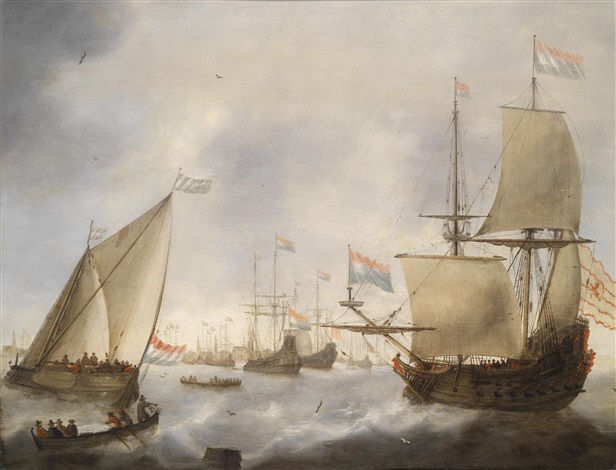 Holländische Kriegsschiffe und Ruderboote auf dem Ij vor Amsterdam by ...