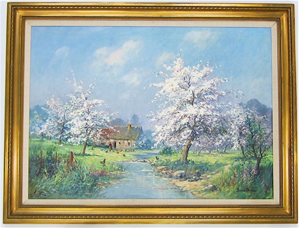 Spring landscape with flowering trees and stream in the foreground and ...