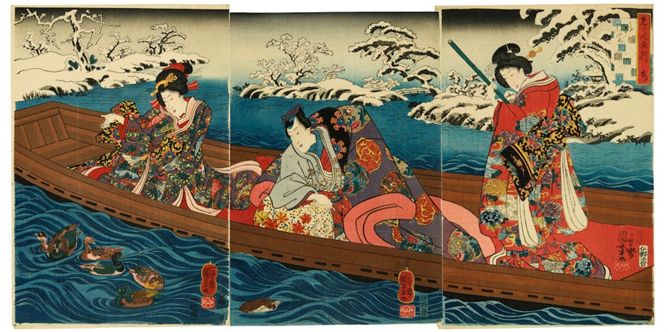 An oban tate-e triptych entitled Mizu, Ukifune Water Ukifune, from the ...