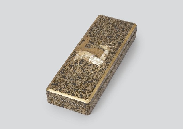 Writing box with design of autumn plants and deer in maki-e lacquer and ...