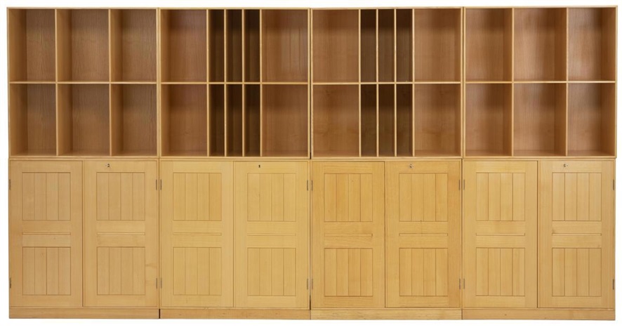 Wall unit of solid elm, consisting of four cabinets, four bookcases and ...