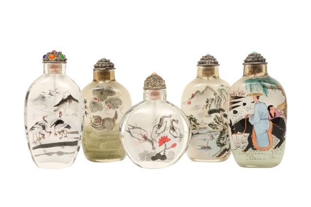 A GROUP OF FIVE CHINESE INSIDE-PAINTED SNUFF BOTTLES. 20th Century on ...
