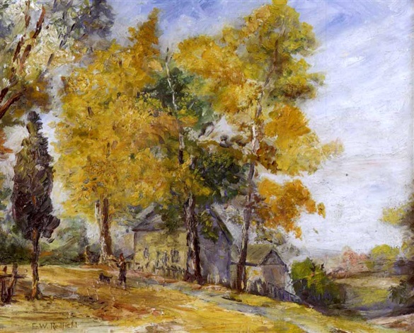 Autumn landscape with barn and figure on a road by Edward Willis ...