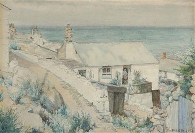 Old cottages at Senna Cove, Cornwall by James Wilfred Freeth on artnet