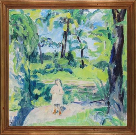 Park landscape with a walking woman by Sigurd Swane on artnet