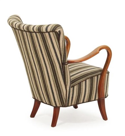 Easy chair with beech frame, upholstered with striped wool by Alfred ...