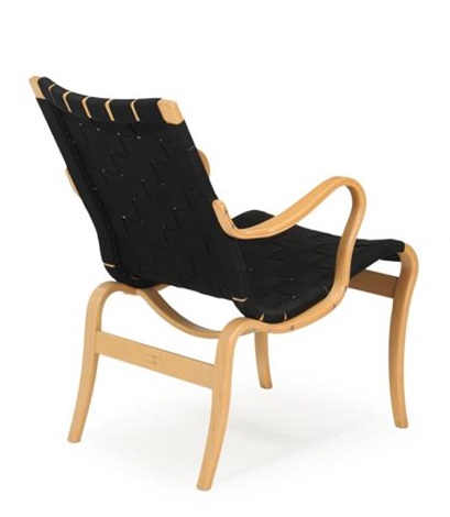 Mina Easy chair with beech frame, susupended with black linen straps by ...