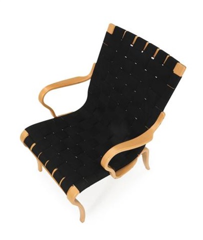 Mina Easy chair with beech frame, susupended with black linen straps by ...