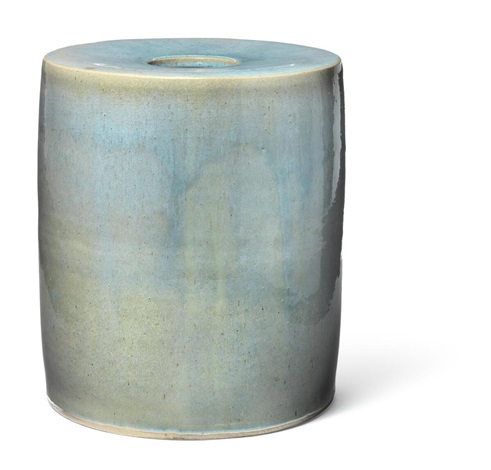 A large, cylindrical, slightly convex stoneware vase with circular ...