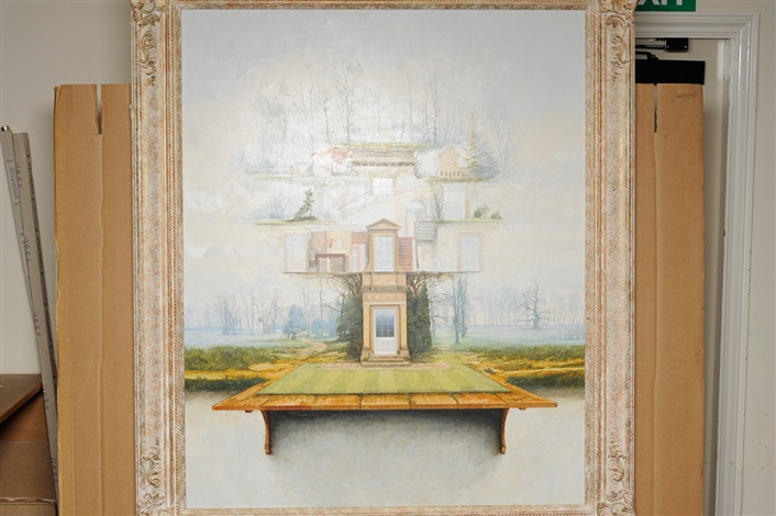 A surrealist landscape with doorways, stairways and other elements of ...