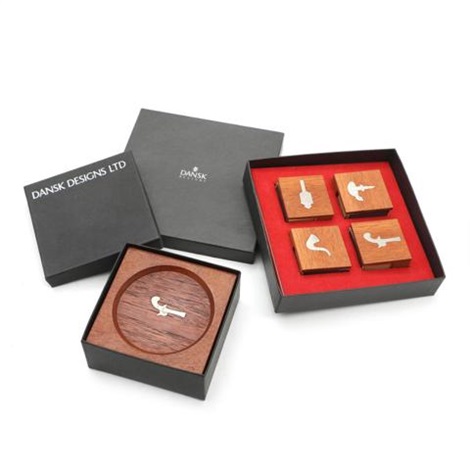 Fire teak glass coasters and four match box holders inlaid with silver ...