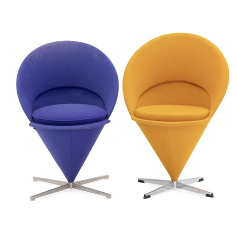 Cone Chair - Two swivel chairs with steel base, upholstered in yellow ...