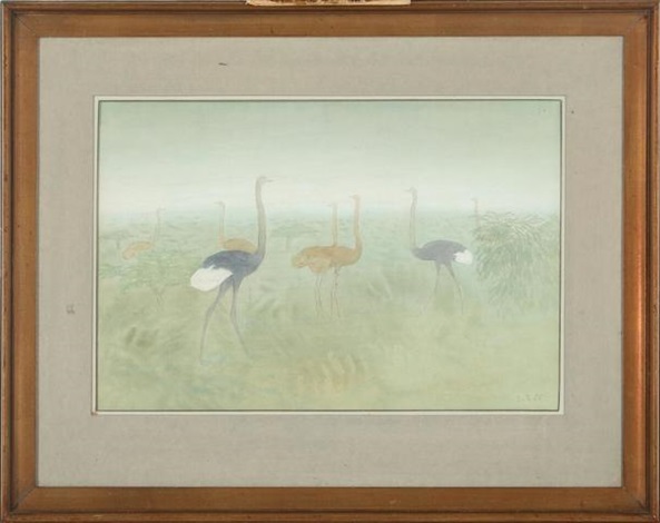 Ostriches on the savanna by Robert E. van Rosen on artnet