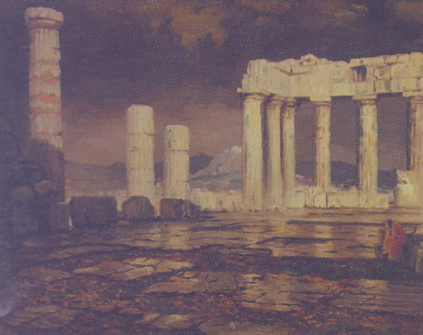 Figure sitting among classical ruins by John Colin Forbes on artnet