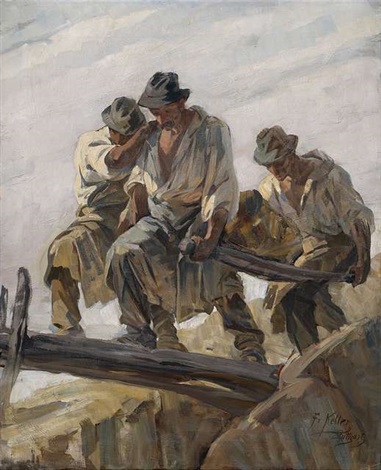 Steinbrucharbeiter beim Überqueren eines schmalen Stegs by Friedrich ...