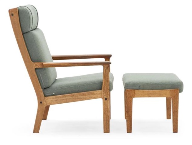 GE 265 High backed teak easy chair and stool by Hans J. Wegner on artnet