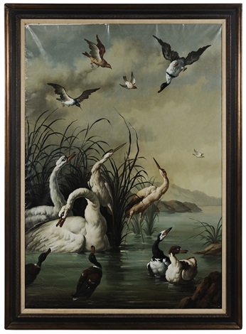 Swan, herons and ducks in a marsh landscape by Ira Monte on artnet