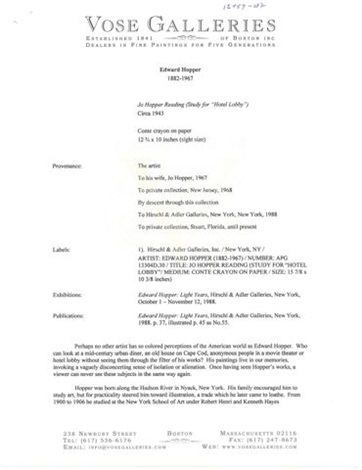 Jo Hopper Reading Study For Hotel Lobby by Edward Hopper on artnet