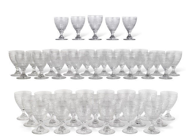 A SET OF FORTY-FIVE ASPREY ETCHED CUT-GLASS GOBLETS, 20TH CENTURY ...