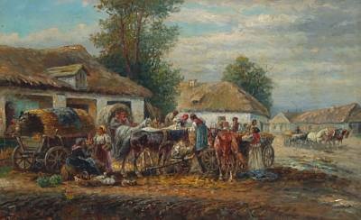 Village scene with a street market by Gustav Prucha on artnet