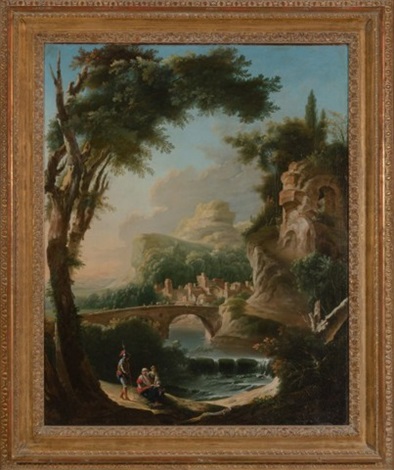 Capriccio of Figures in a River Landscape with Ruins, a Bridge, and a ...
