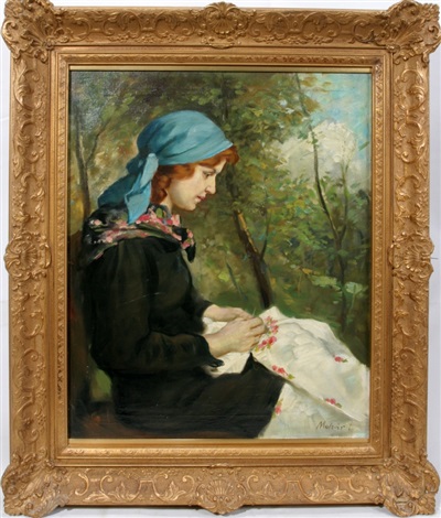 A young woman embroidering by Lajos Rezes Molnar on artnet