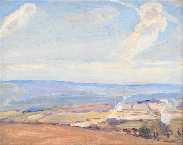 Extensive landscape with figures loading hay carts in the foreground by ...