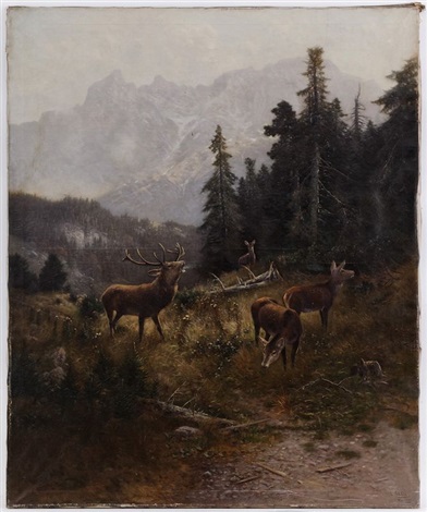 Cerf au brame et biches à la lisière de forêt by Ludwig Skell on artnet