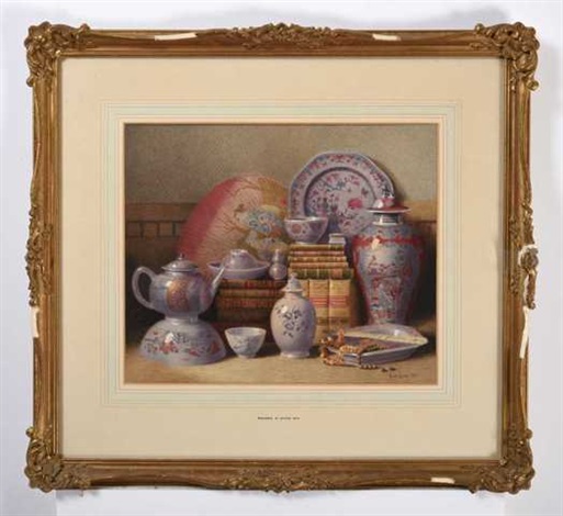 A still life with books, Oriental porcelain including famille rose ware ...